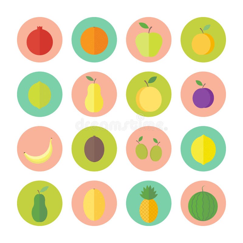 Flat Circular Icons for Web Design Fruits and Berries Stock Illustration - Illustration of lime ...