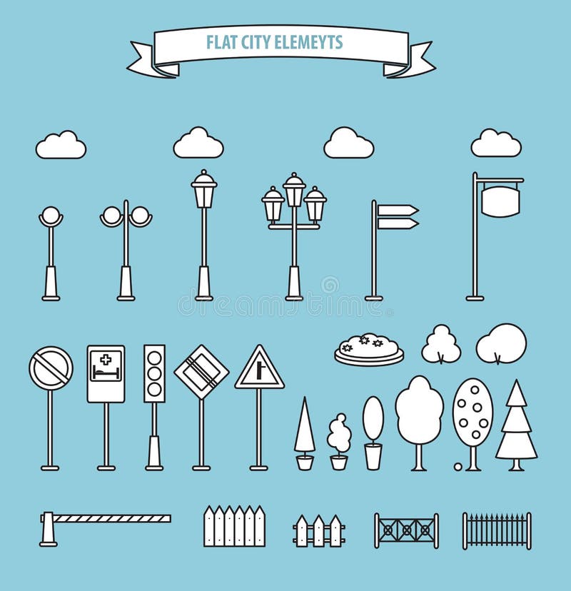 Flat City and Outdoor Elements. Street Urban Elements Icon Set Stock ...