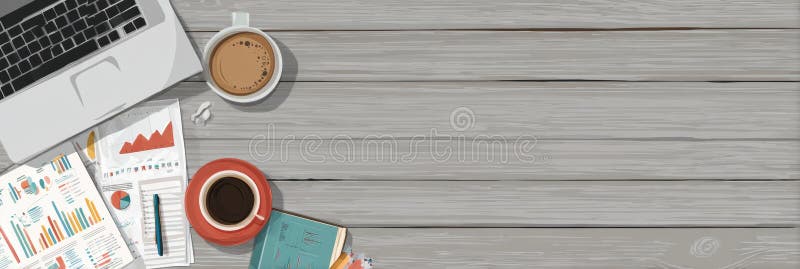 Flat Clay Office Desk with Laptop, Coffee, Charts, and Empty Left Space for Additional Materials ...