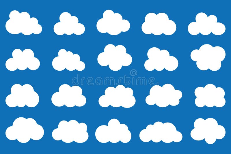 Flat Cloud Shape Vector Icon Set on Blue Background. Stock Vector ...