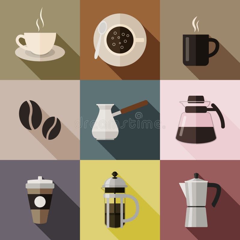 Flat coffee icons stock vector. Illustration of saucer - 44105144