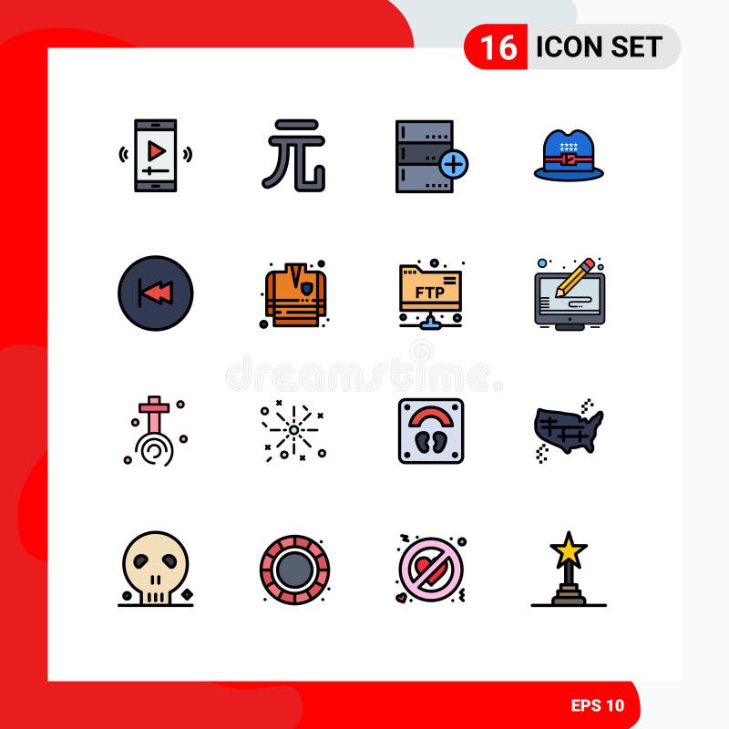 Flat Color Filled Line Pack of 16 Universal Symbols of Back, American ...