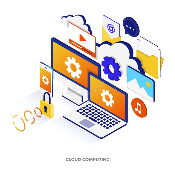 Flat Color Modern Isometric Illustration - Cloud Computing Stock Vector - Illustration of tablet ...