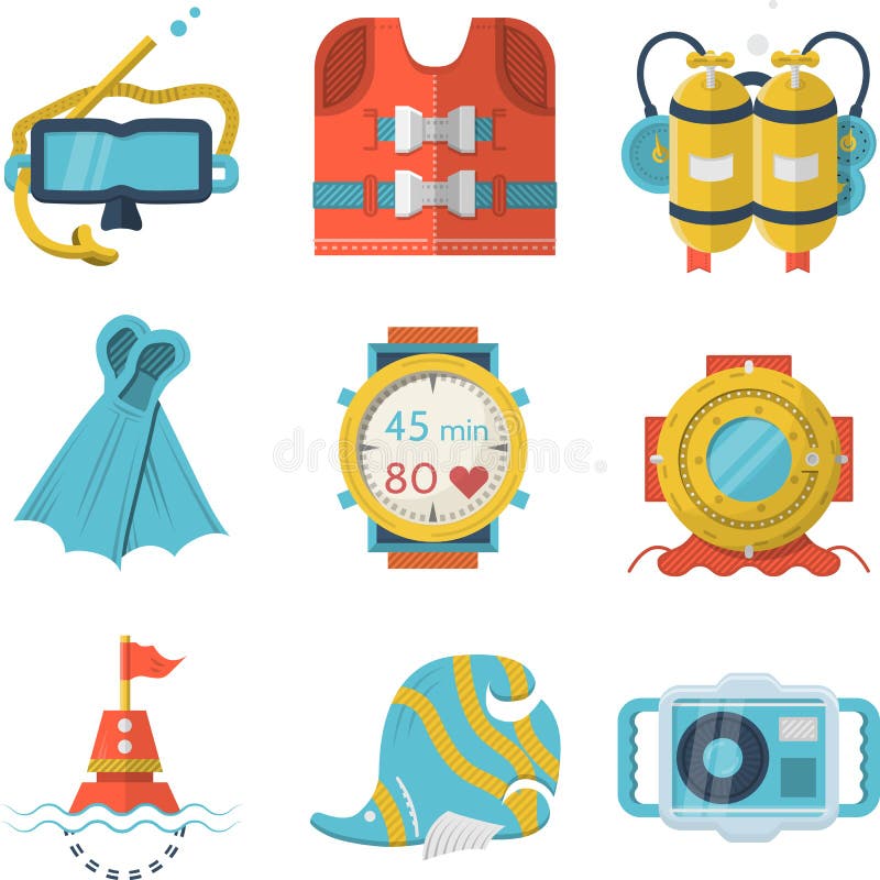 Flat Color Style Diving Icons Stock Vector - Illustration of deep ...