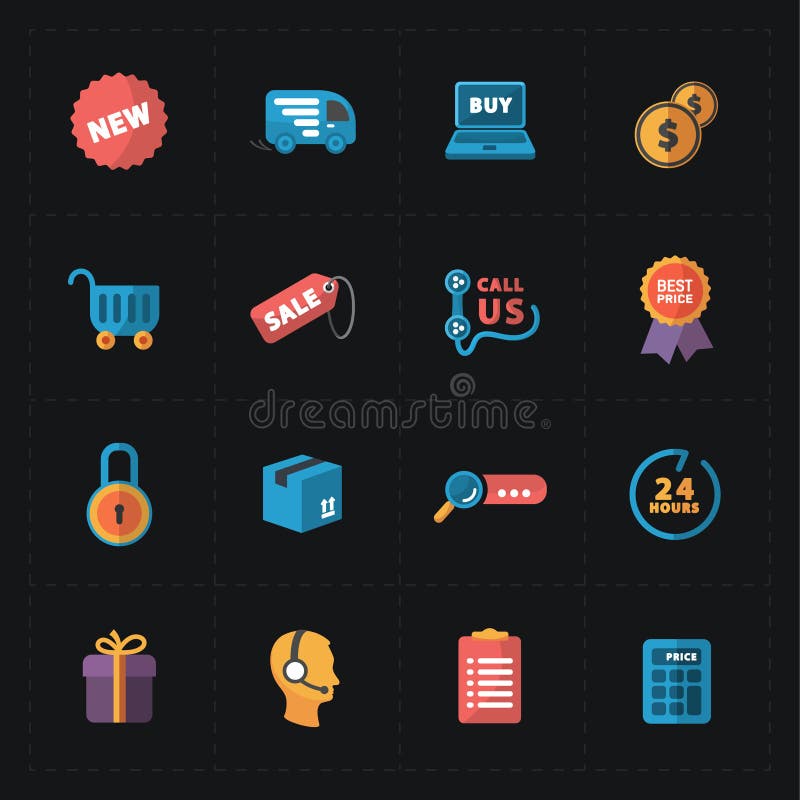 Flat Colorful Shop Icons on Black Stock Vector - Illustration of ...