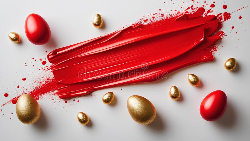 Flat Composition with Easter Eggs and a Prominent Red Paint Stroke on a ...