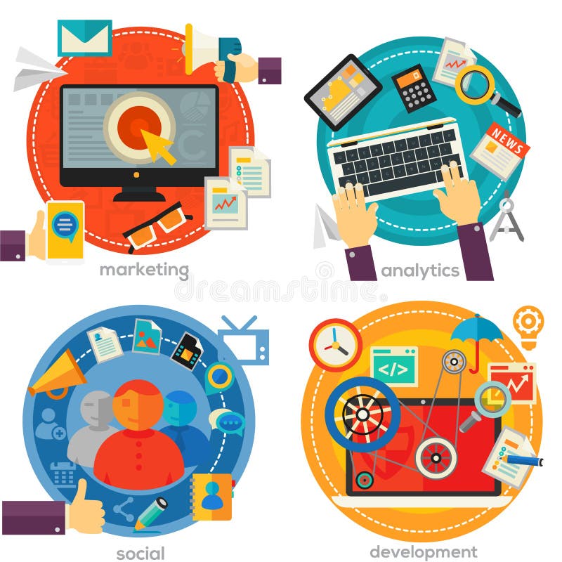 Flat Concept Banners. Analytics, Marketing, Social Networks ...