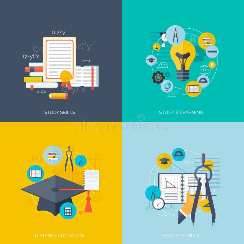 Flat Concept Education Backgrounds Set. Back To School. Distance ...