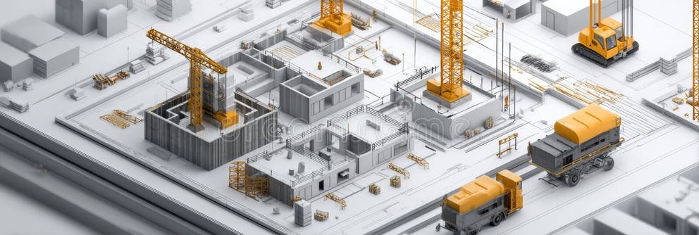 Minimal Flat Construction Site Layout Featuring Cranes and Equipment on ...