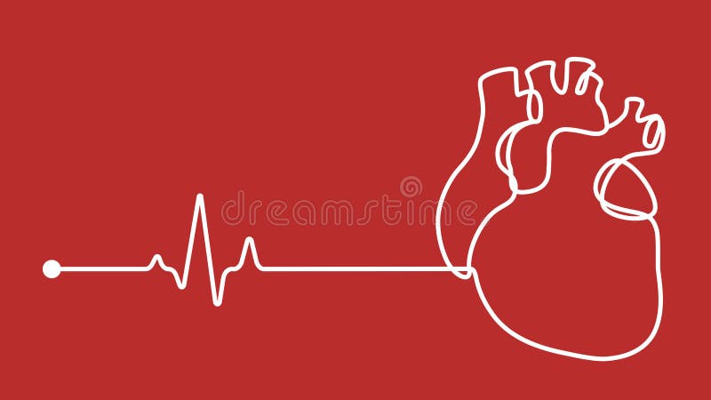 Flat Contour Drawing Heart Rate Pulse Icon in Red Vector Background ...