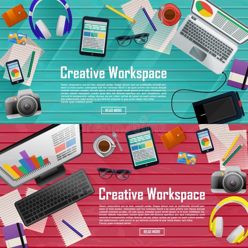 Flat Creative Workspace Banners. Stock Vector - Illustration of ...