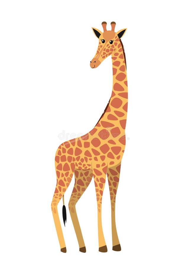 Flat Cute Cartoon Standing Giraffe from Side, Vector Isolated on White ...