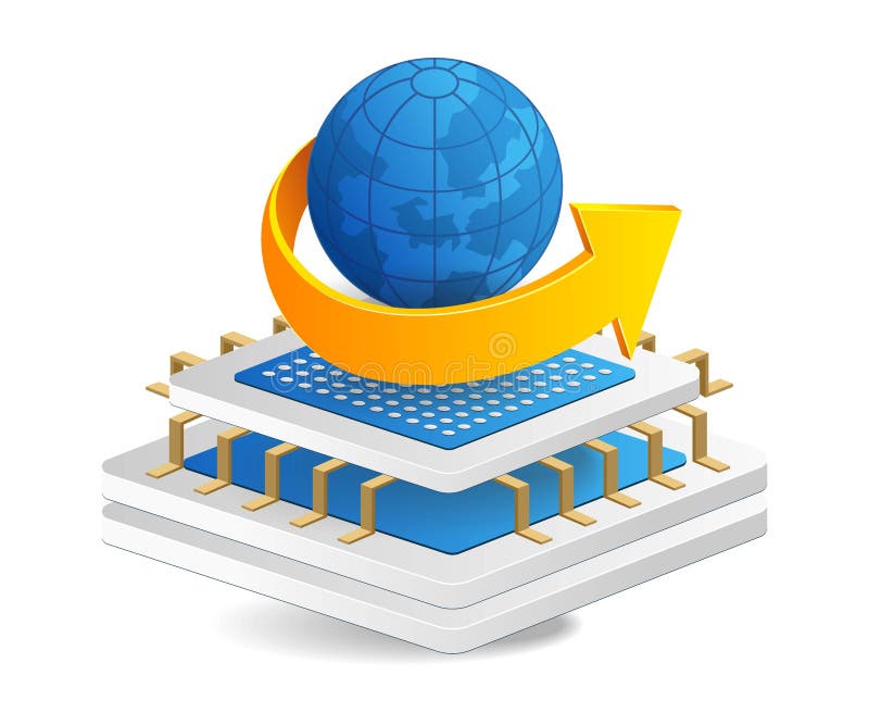 3d Concept Isometric Illustration of Earth Rotating on High Tech Chip ...