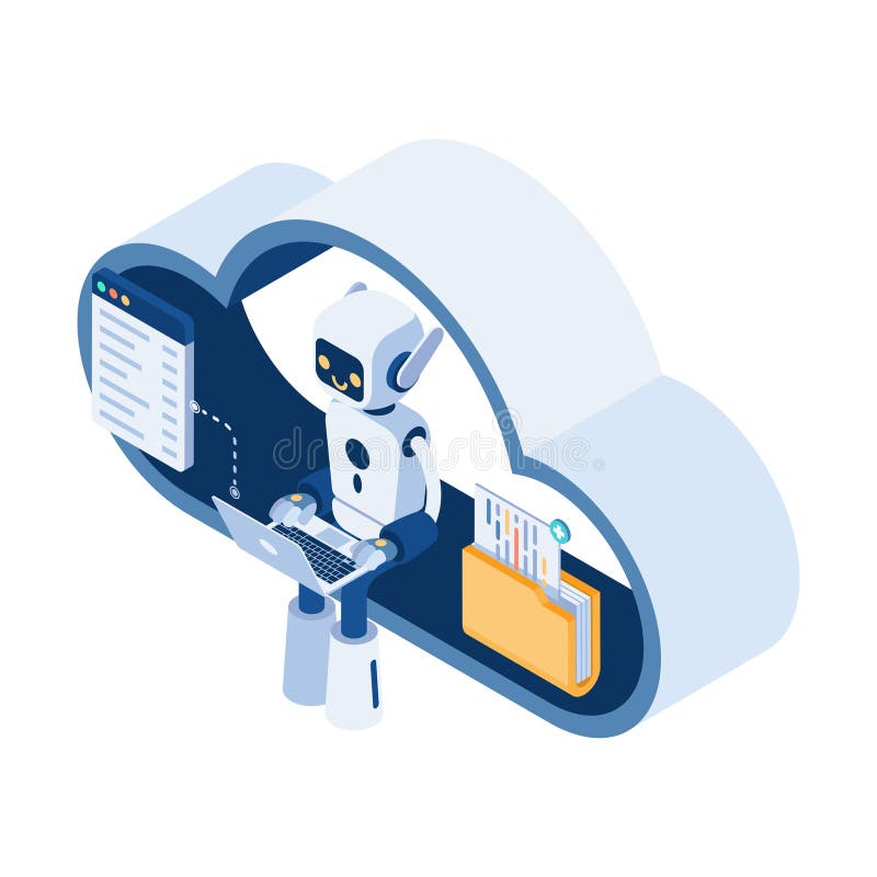 Isometric AI Robot Working on Cloud Stock Vector - Illustration of upload, online: 304306188