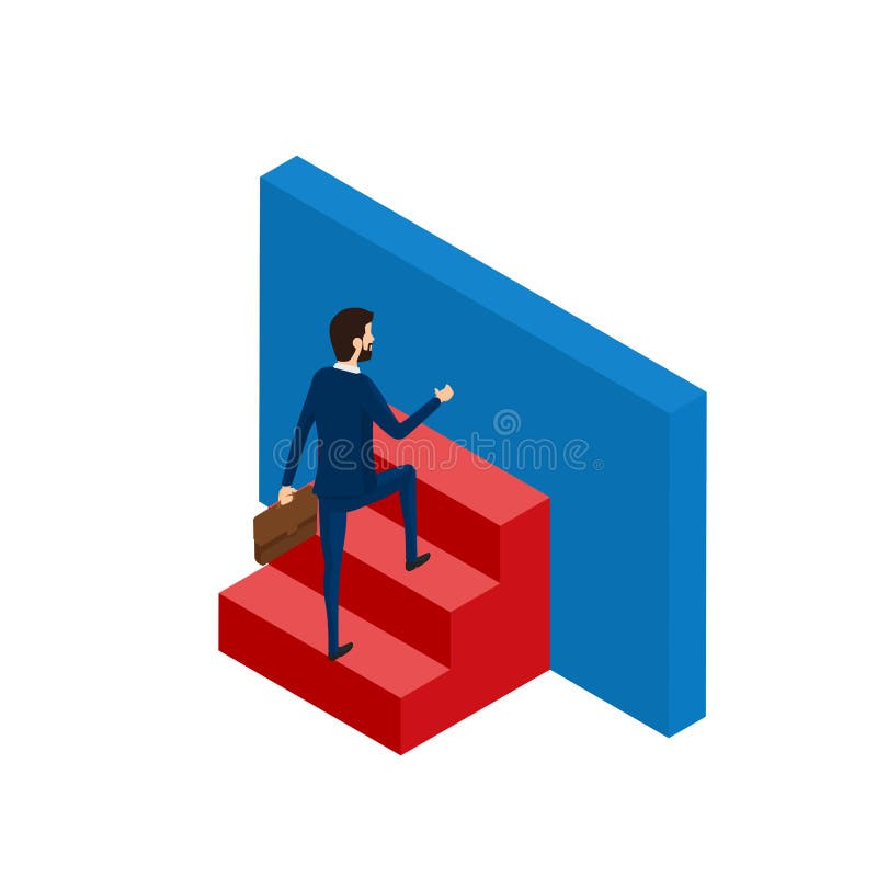 Flat 3D Isometric. Businessman Try To Success. Stairs Step To Success ... Flat 3D Isometric. Businessman Try To Success. Stairs Step To Success ...