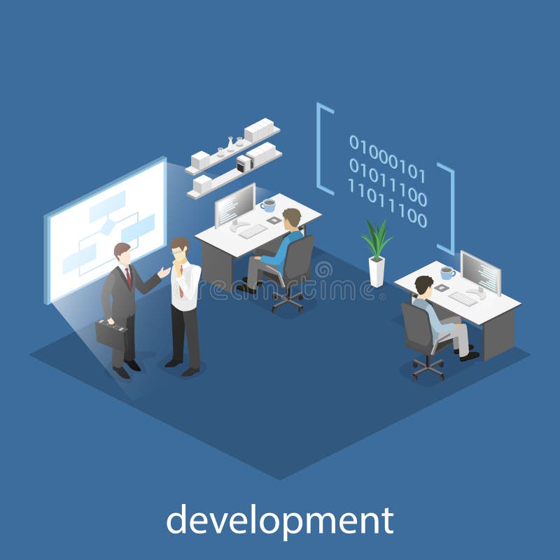 Flat 3D Isometric Concept Illustration of Office Software Developer and ...