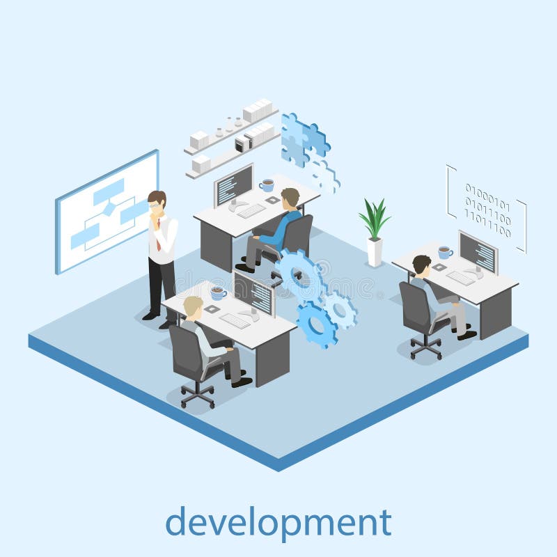 Flat 3D Isometric Concept Illustration of Office Software Developer and ...