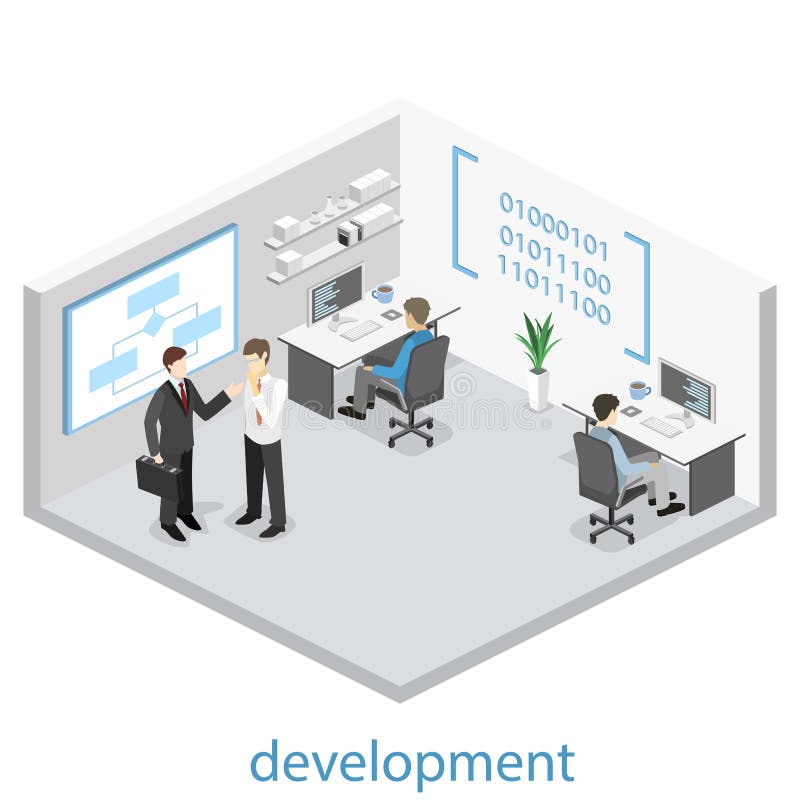 Flat 3D Isometric Concept Illustration of Office Software Developer and ...