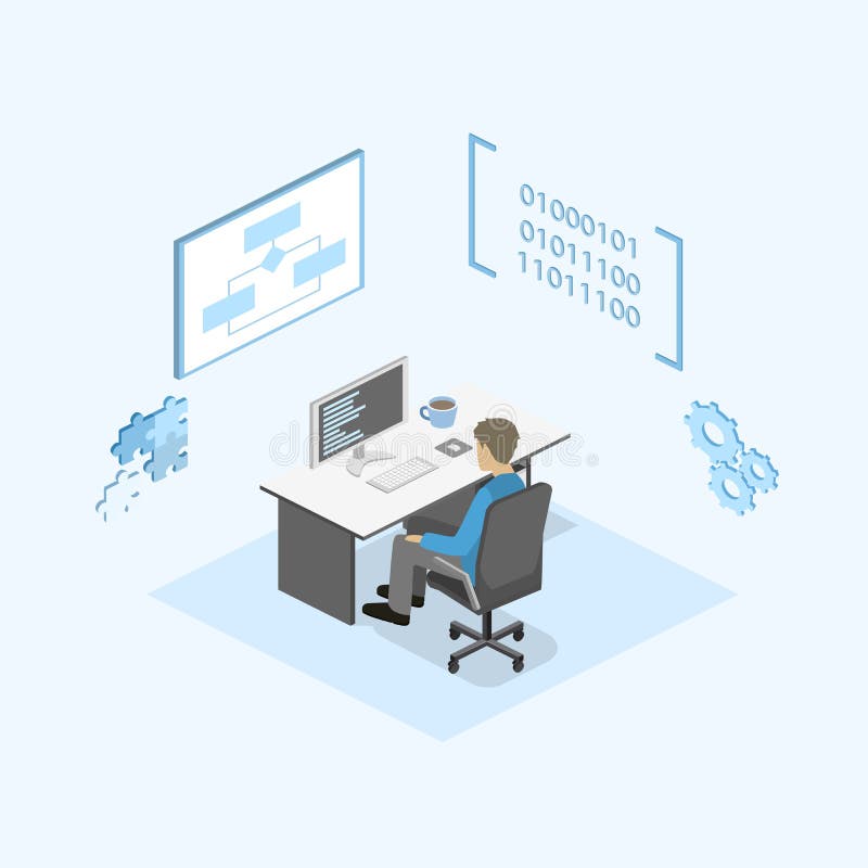 Flat 3D Isometric Concept Illustration of Office Software Developer and ...
