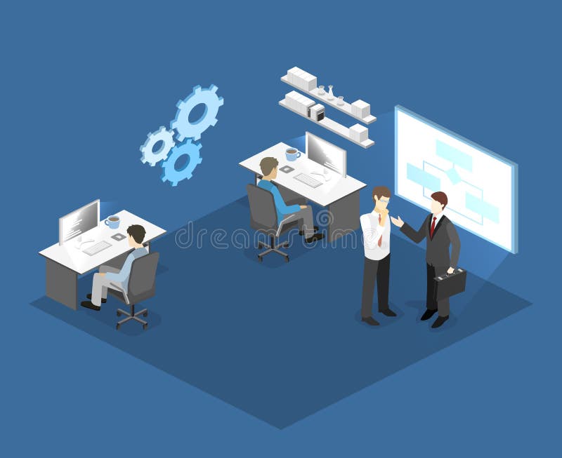 Flat 3D Isometric Concept Illustration of Office Software Developer and ...