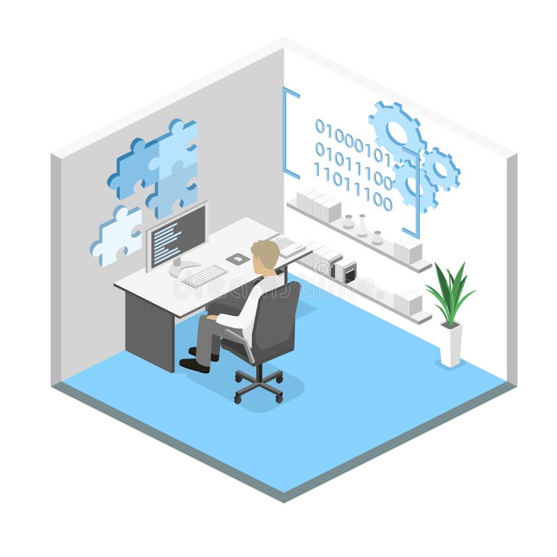 Flat 3D Isometric Concept Illustration of Office Software Developer and ...