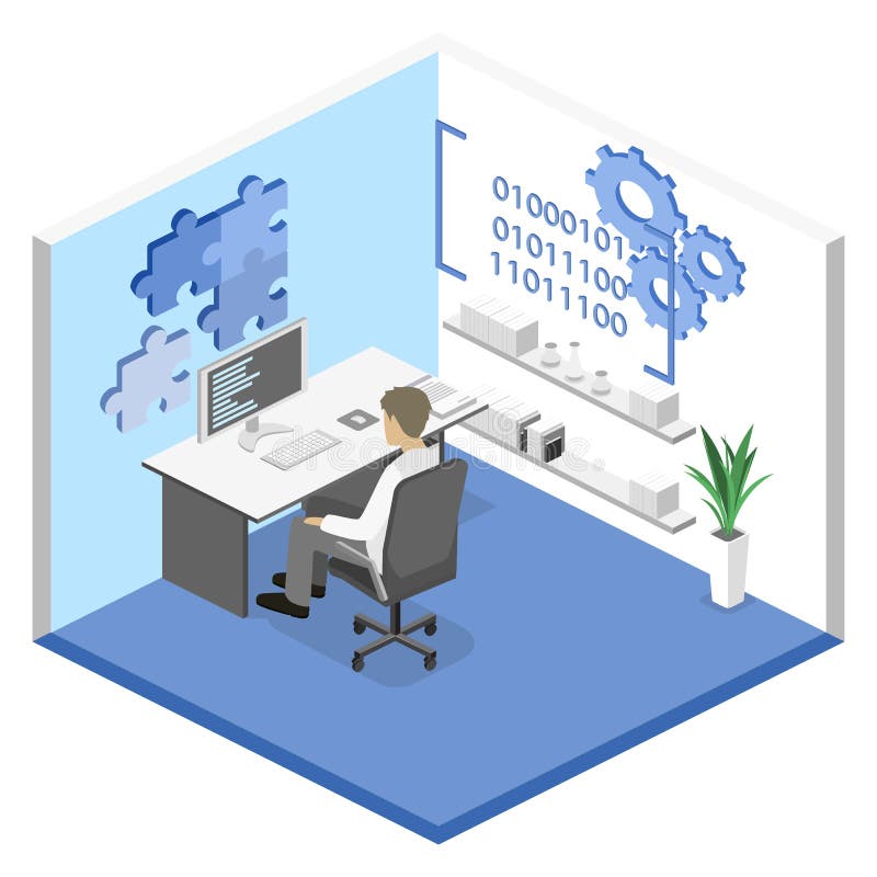 Flat 3D Isometric Concept Illustration of Office Software Developer ...