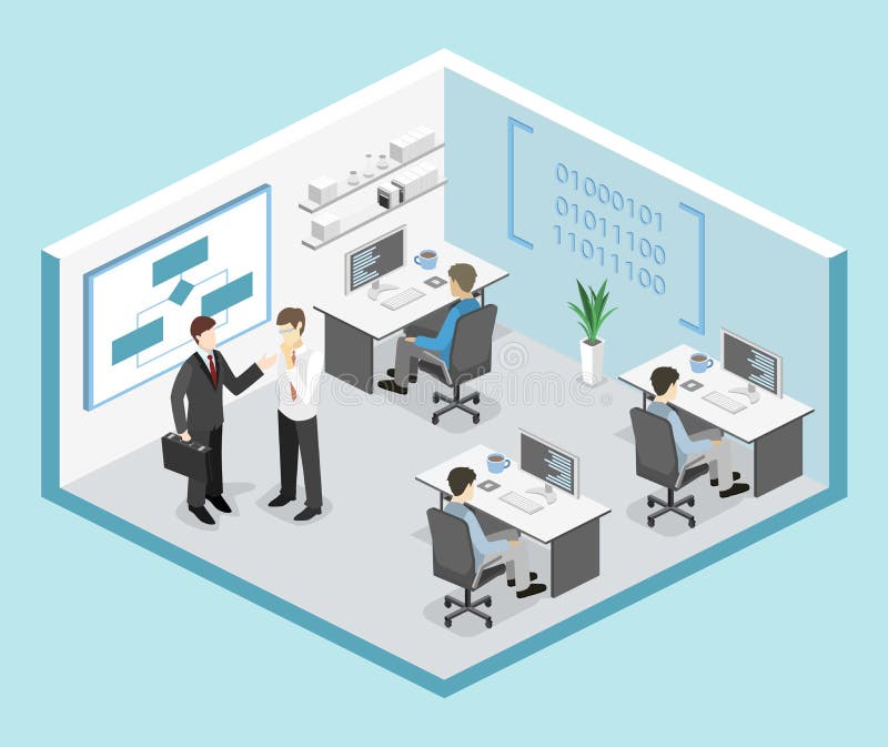 Flat 3D Isometric Concept Illustration of Office Software Developer ...