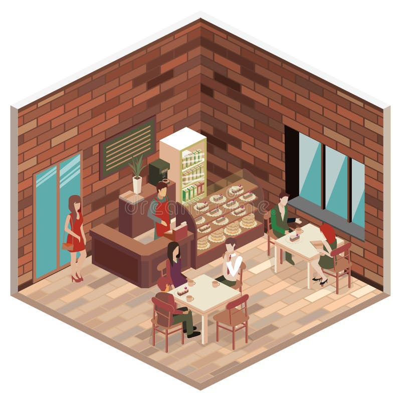 Flat 3D Isometric Design Interior Cafe or Restaurant. Stock ...