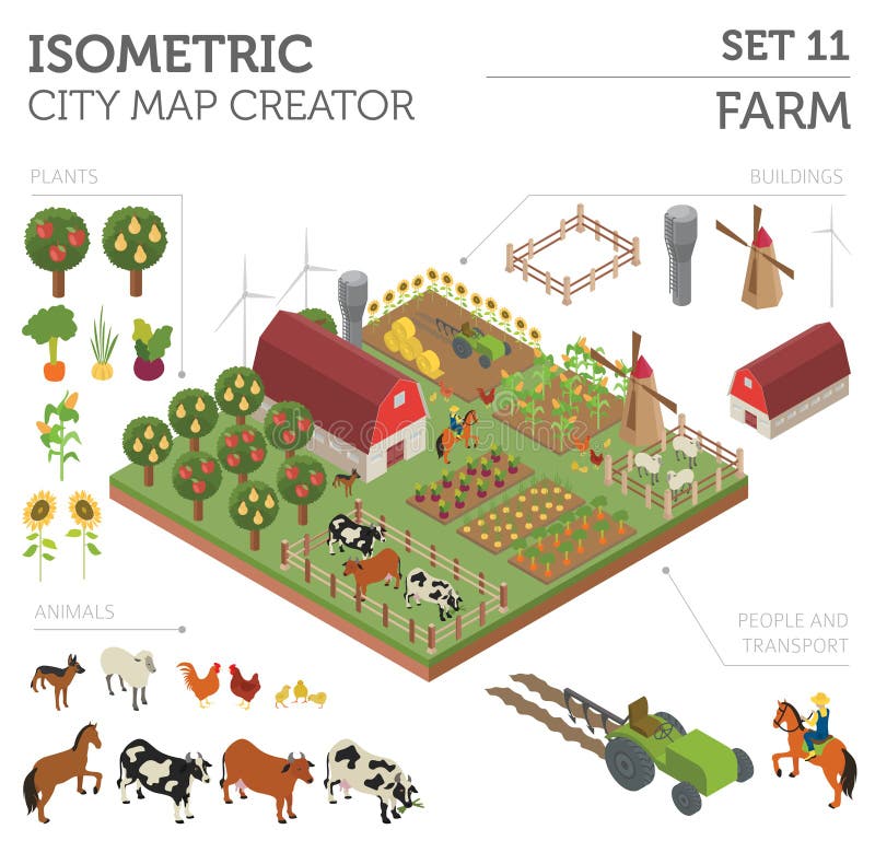 Flat 3d Isometric Farm Land and City Map Constructor Elements is Stock ...