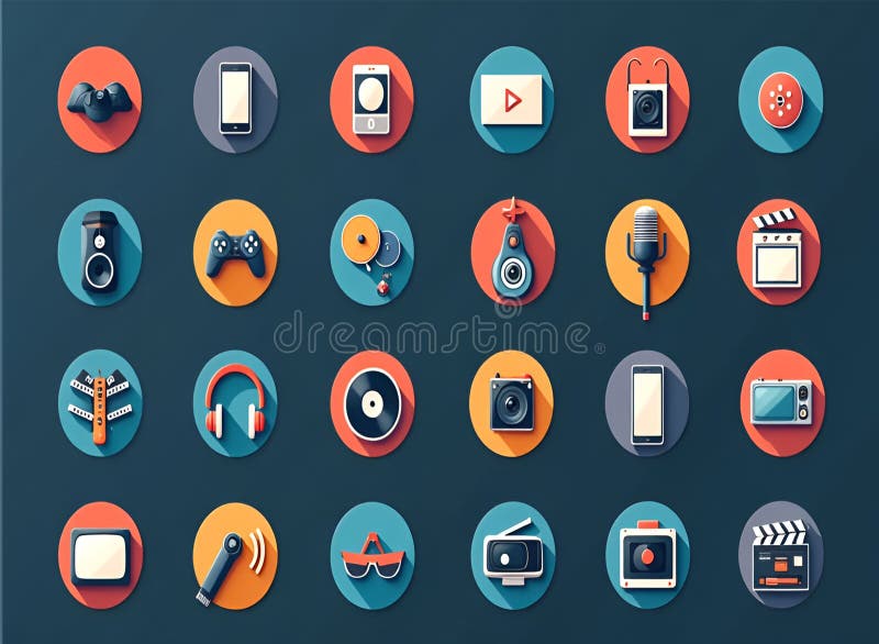 Flat 3D Media & Technology Icon Set with Retro Colors Stock ...