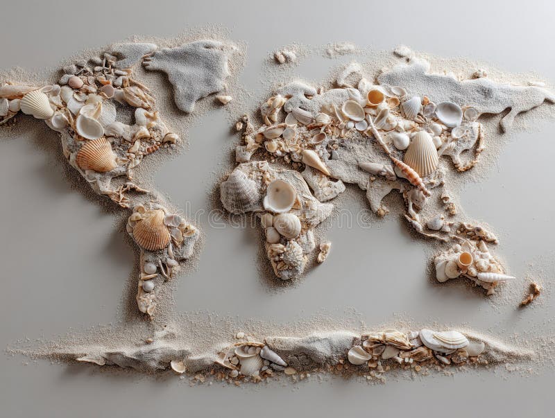 Flat Depiction of Europe on a World Map, Crafted from Seashells and ...