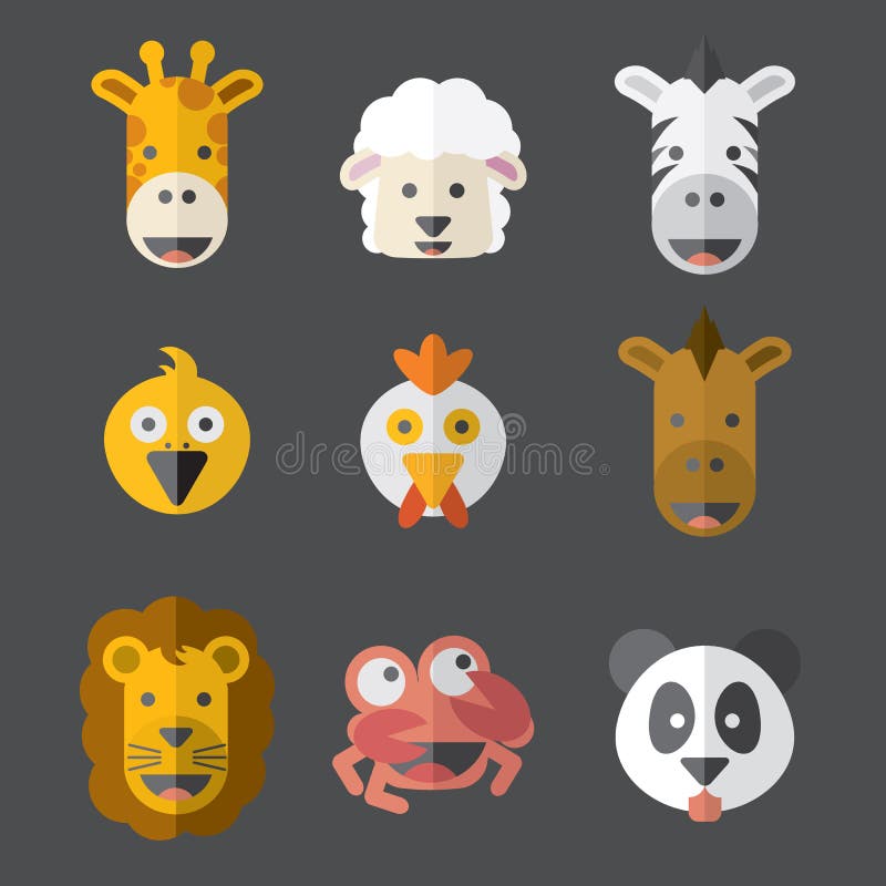 Flat Design Animals Face Cartoon Set Vector Stock Vector - Illustration ...