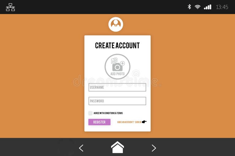 Flat Design App Showing Create Account Form, Avatar Icon and Register ...