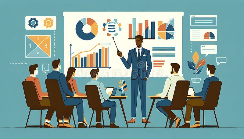 Flat Design As Project Manager Presenting Progress in a Team Meeting ...