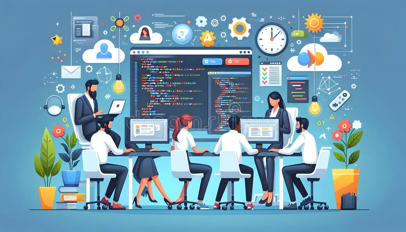 Flat Design As Remote Team Collaborating On A Software Development Project Concept As A Vector