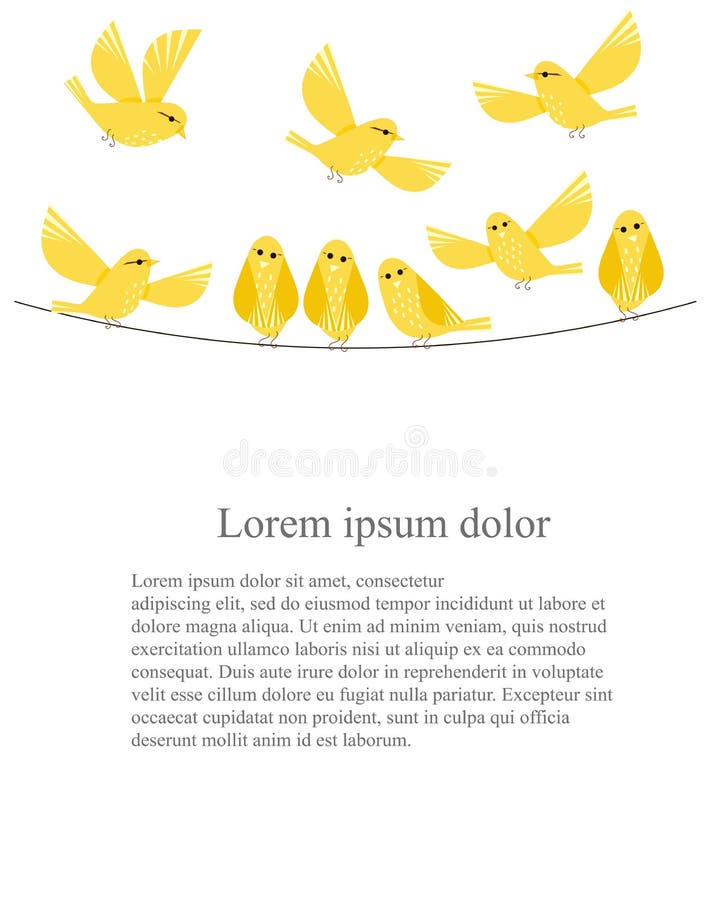 Flat Design Background with Yellow Birds, Lorem Ipsum on White Stock ...