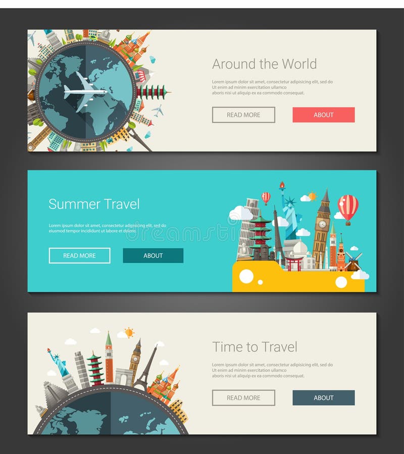 Flat Design Banners, Headers Set Illustration with World Famous ...