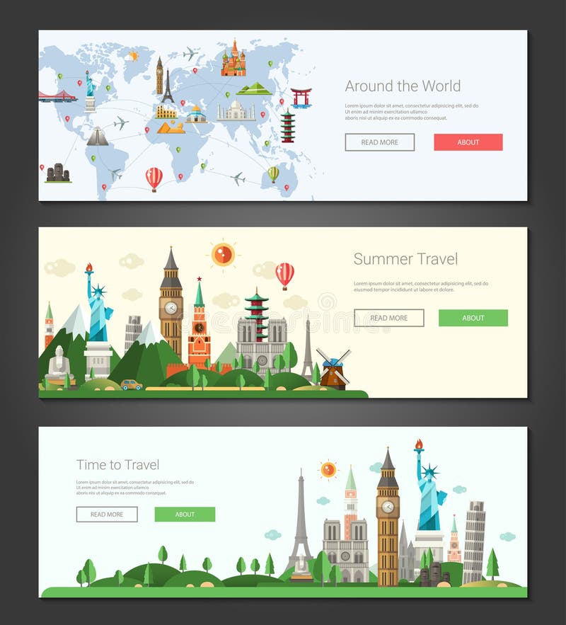 Flat Design Banners, Headers Set Illustration with World Famous ...