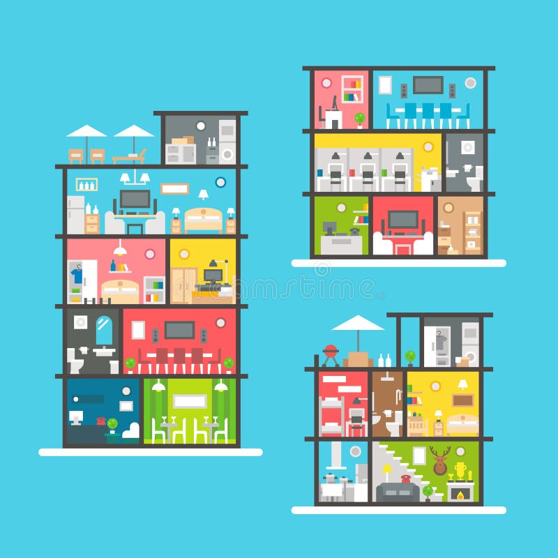 Flat Design Buildings Interior Set Stock Illustration - Illustration of ...