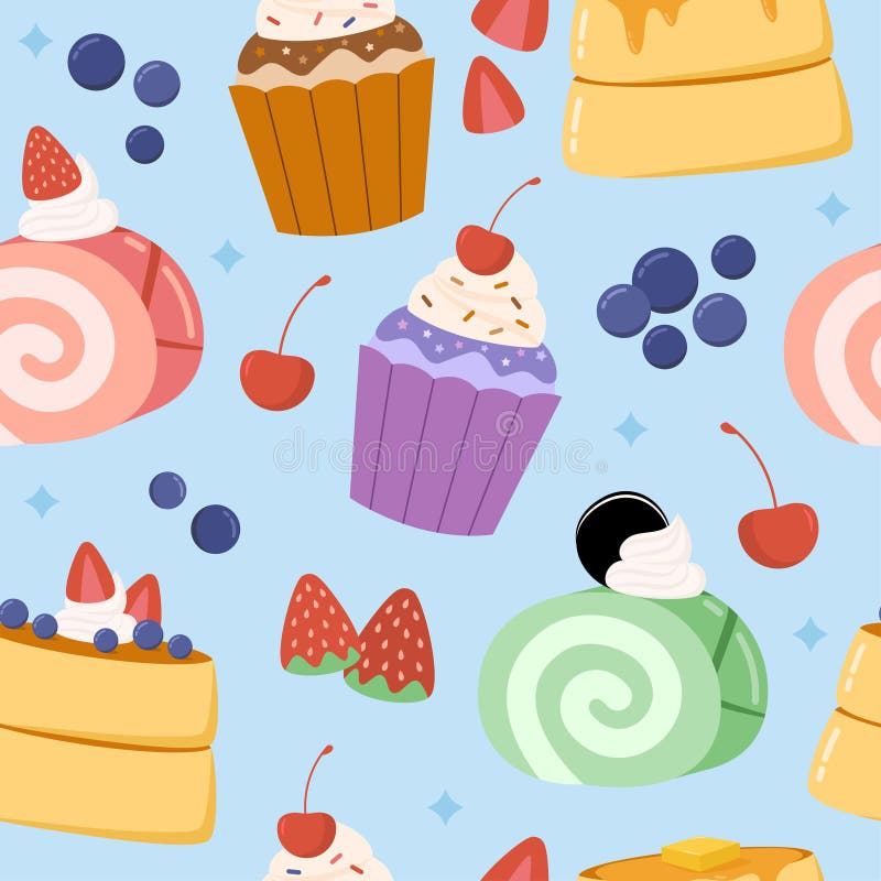 Flat Design of Cake Snack Collection Seamless Pattern Background Vector ...