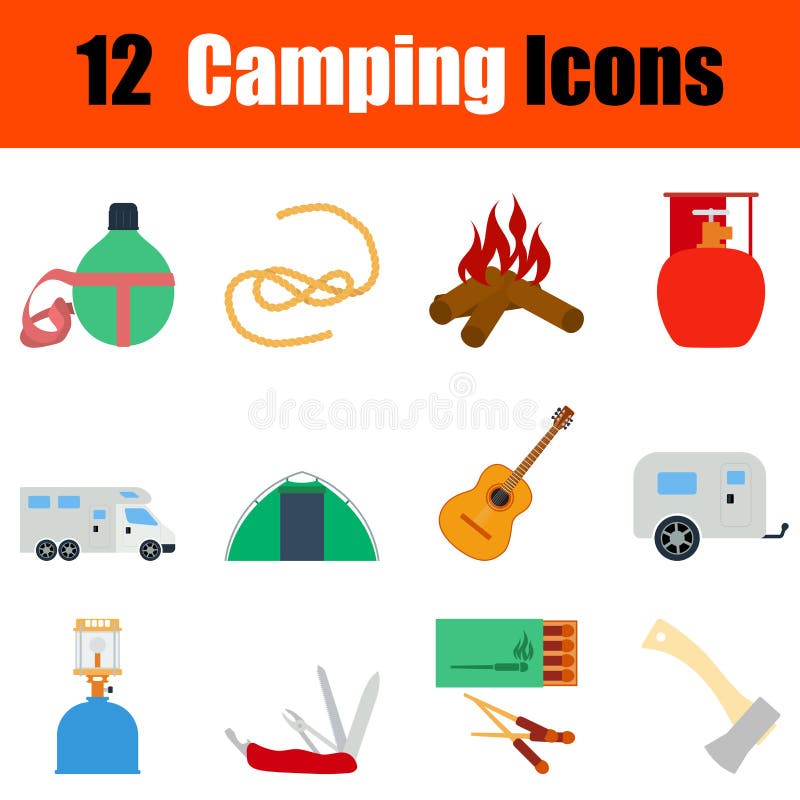 Flat Design Camping Icon Set Stock Vector - Illustration of guitar ...