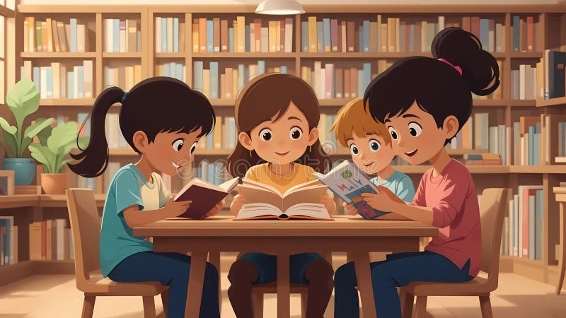 Flat Design of Children Learning in a Library, Reading Books and ...