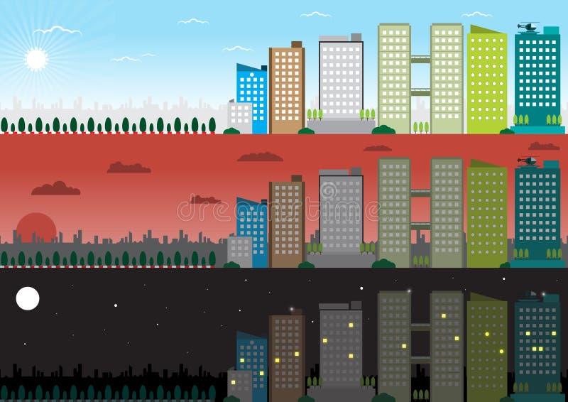 Flat Design City Building Morning,evening,night Stock Vector ...