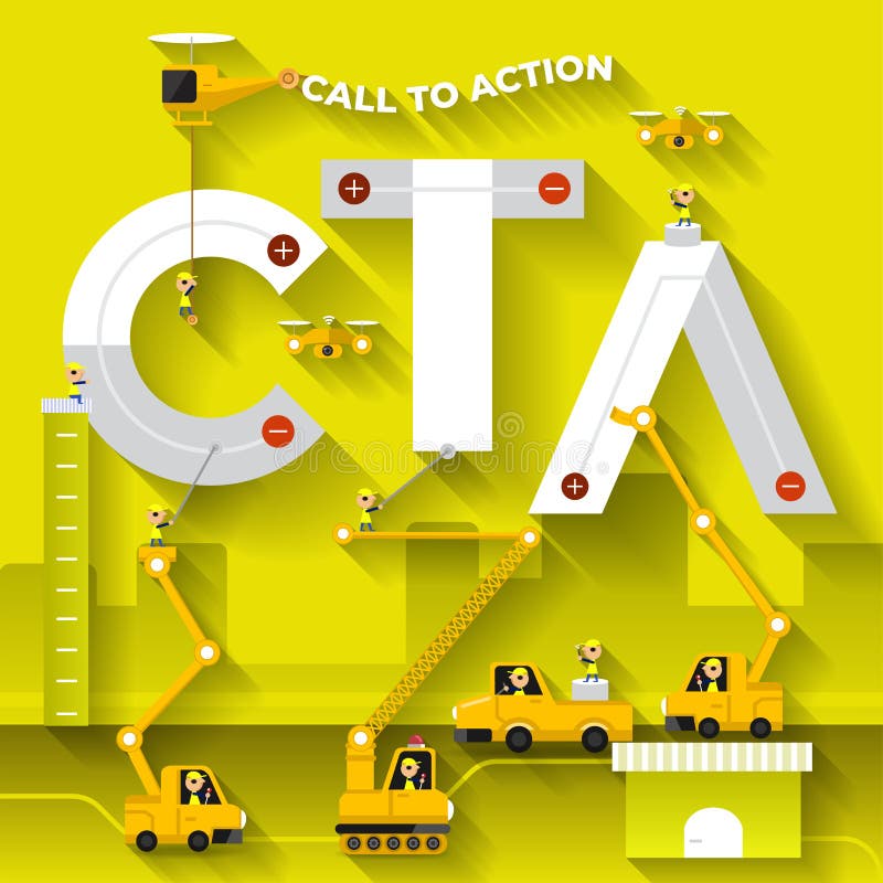 Flat Design Concept Building Text CTA with Construction Team. Vector ...