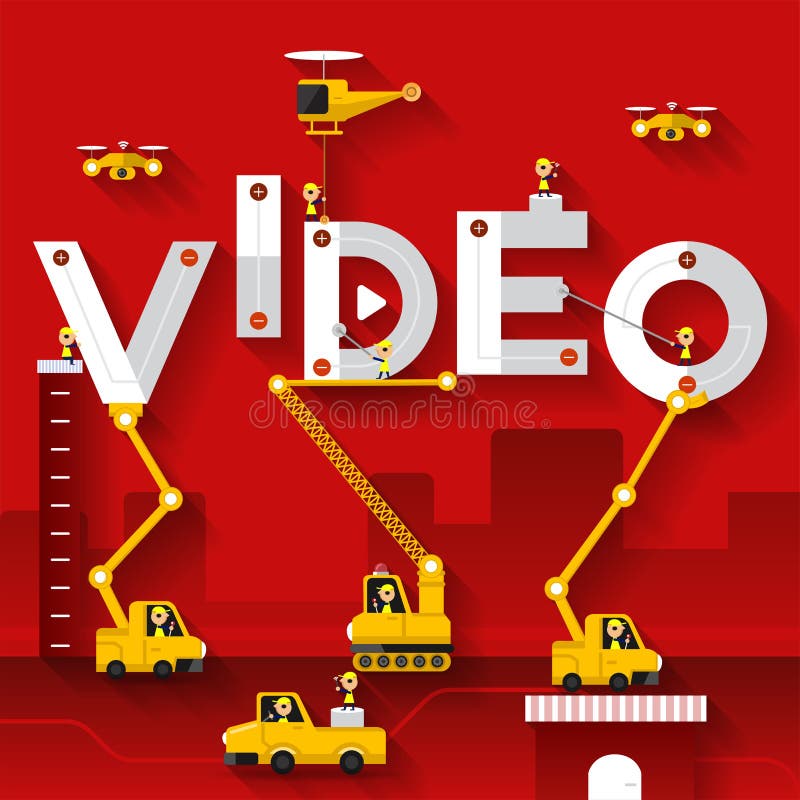 Flat Design Concept Building Text Video with Construction Team. Vector ...