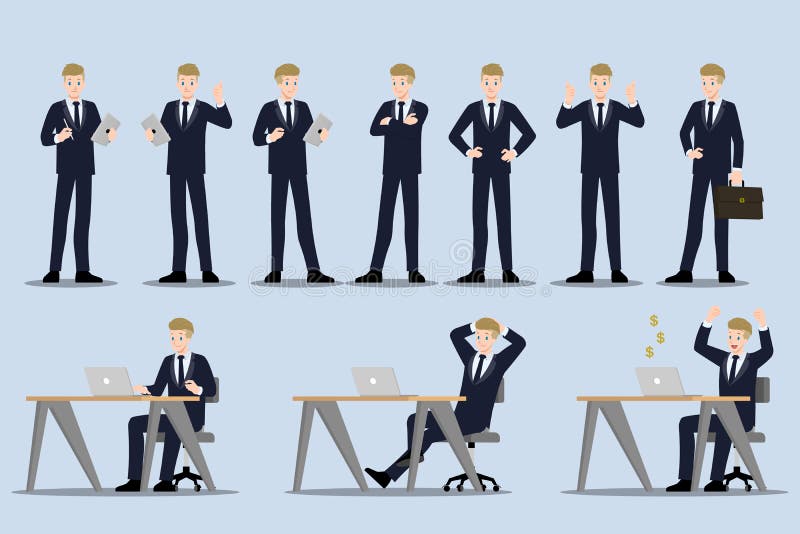 Flat Design Concept of Businessman with Different Poses, Working and ...