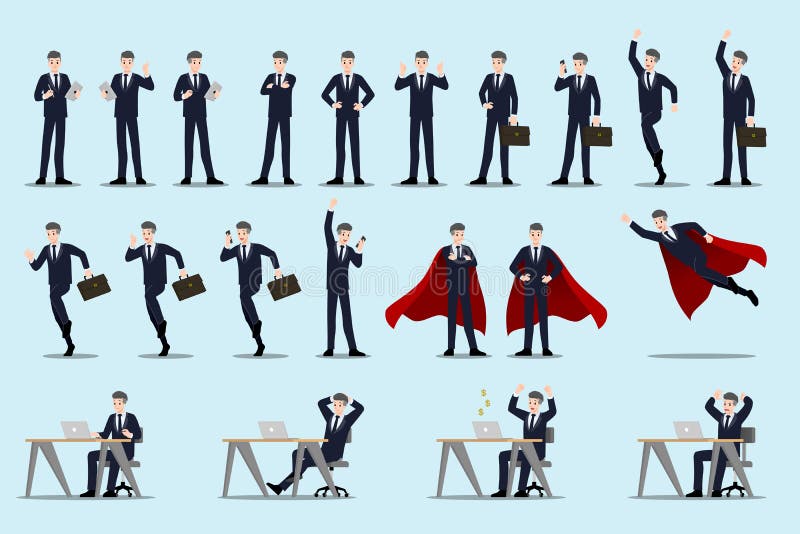 Flat Design Concept of Businessman with Different Poses, Working and ...