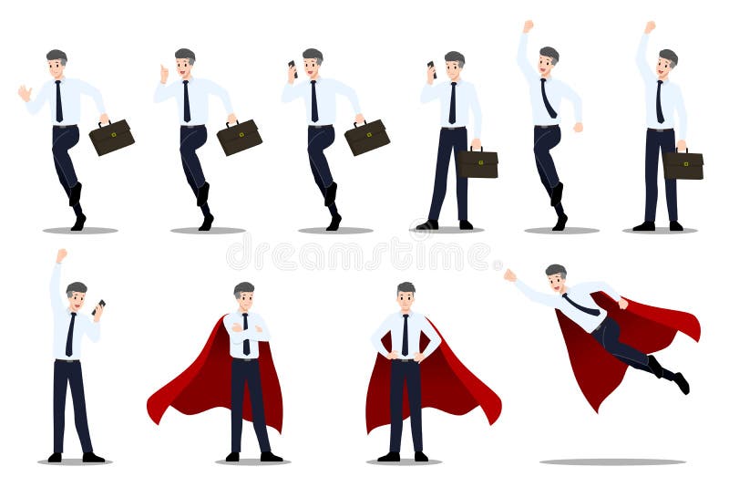 Flat Design Concept of Businessman with Different Poses, Working and ...