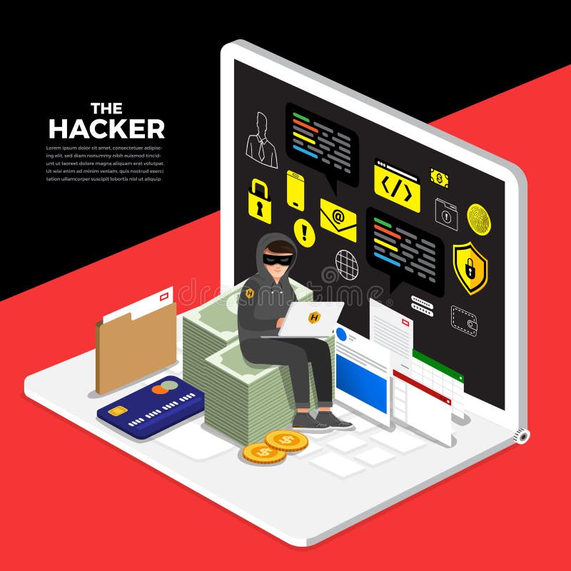 Flat Design Concept Hacker Activity Cyber Thief on Internet Devi Stock ...