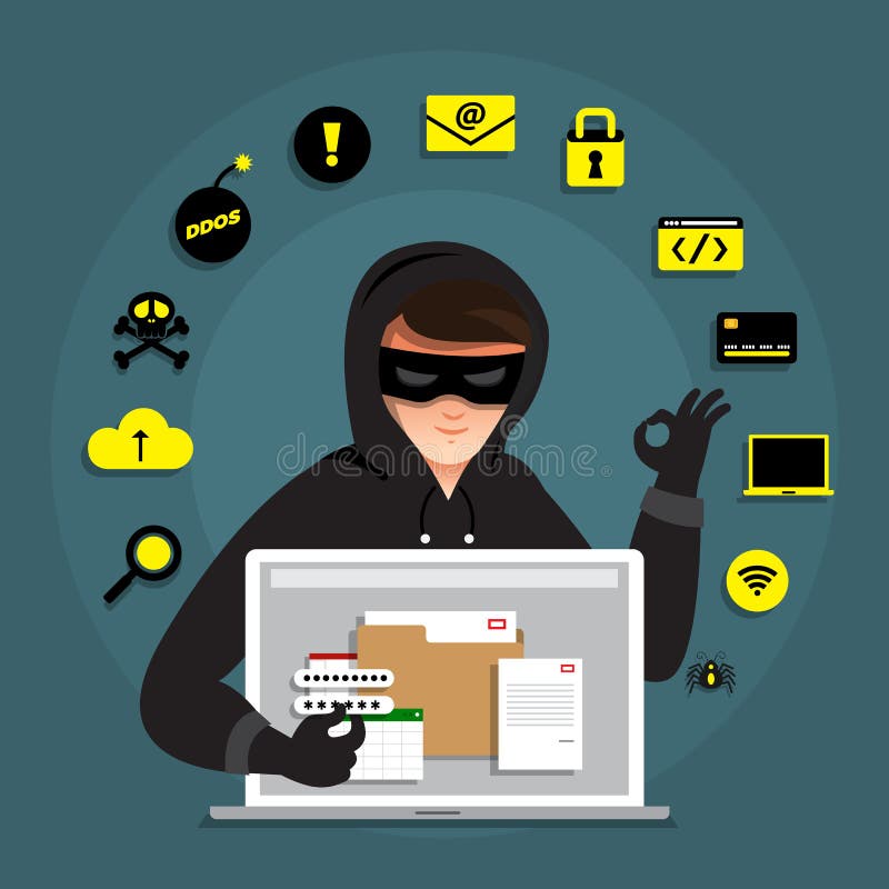 Flat Design Concept Hacker Activity Cyber Thief on Internet Devi Stock ...
